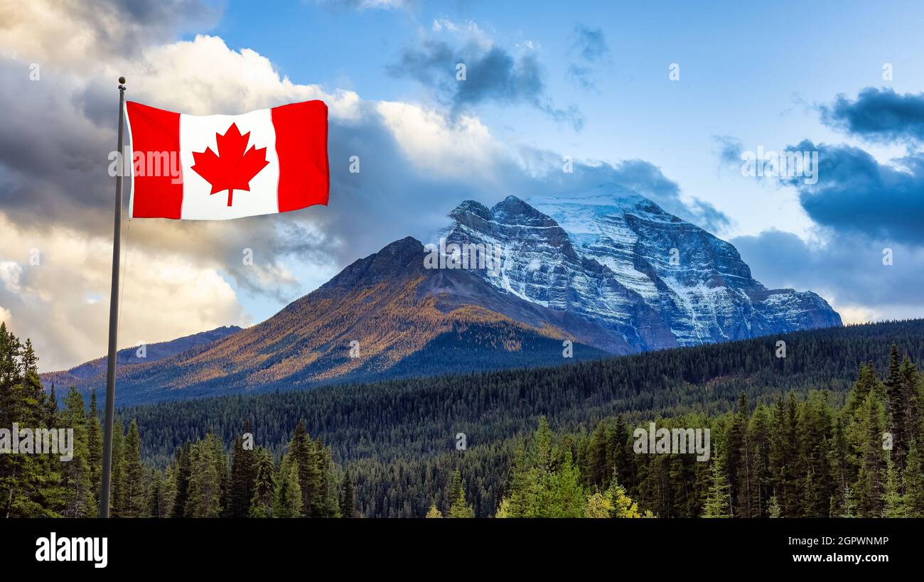 Rocky mountains banff national park canada flag hi-res stock ...