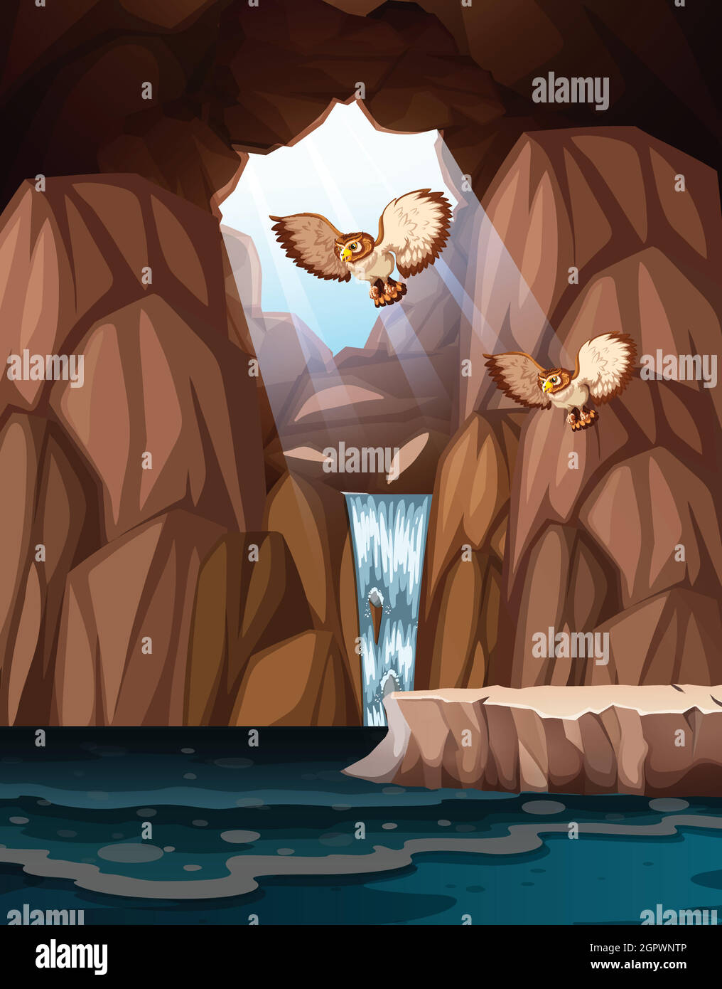 Cave with waterfalls and owls Stock Vector Image & Art - Alamy