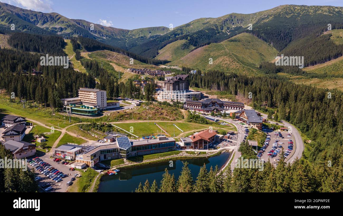 Aerial view of the Jasna recreation center in Demanovska Dolina in ...