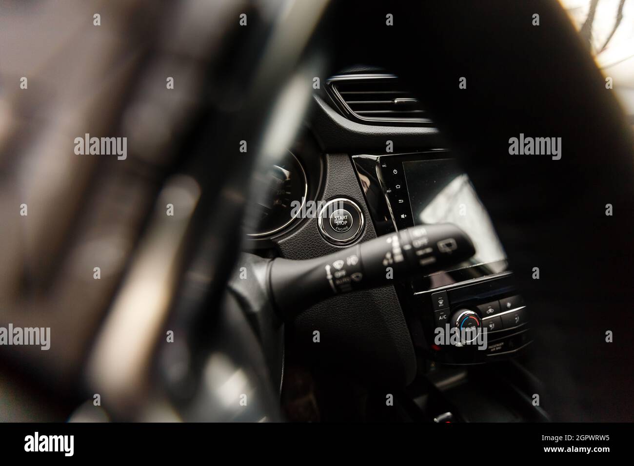 Car steering wheel. vehicle interior. Interior view of car with black ...