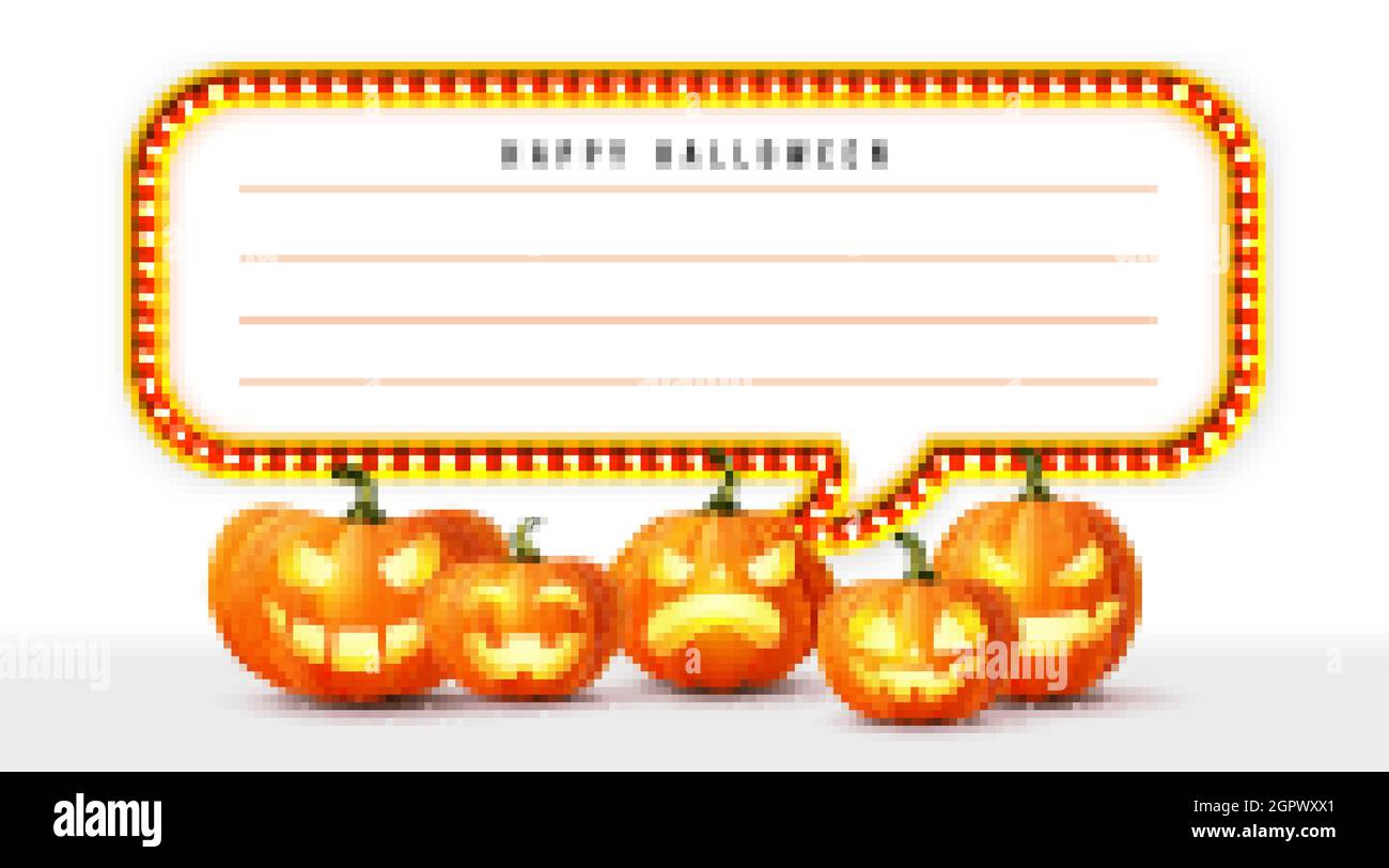 Happy halloween 3D realistic scary jack lantern and neon Circus lights ...