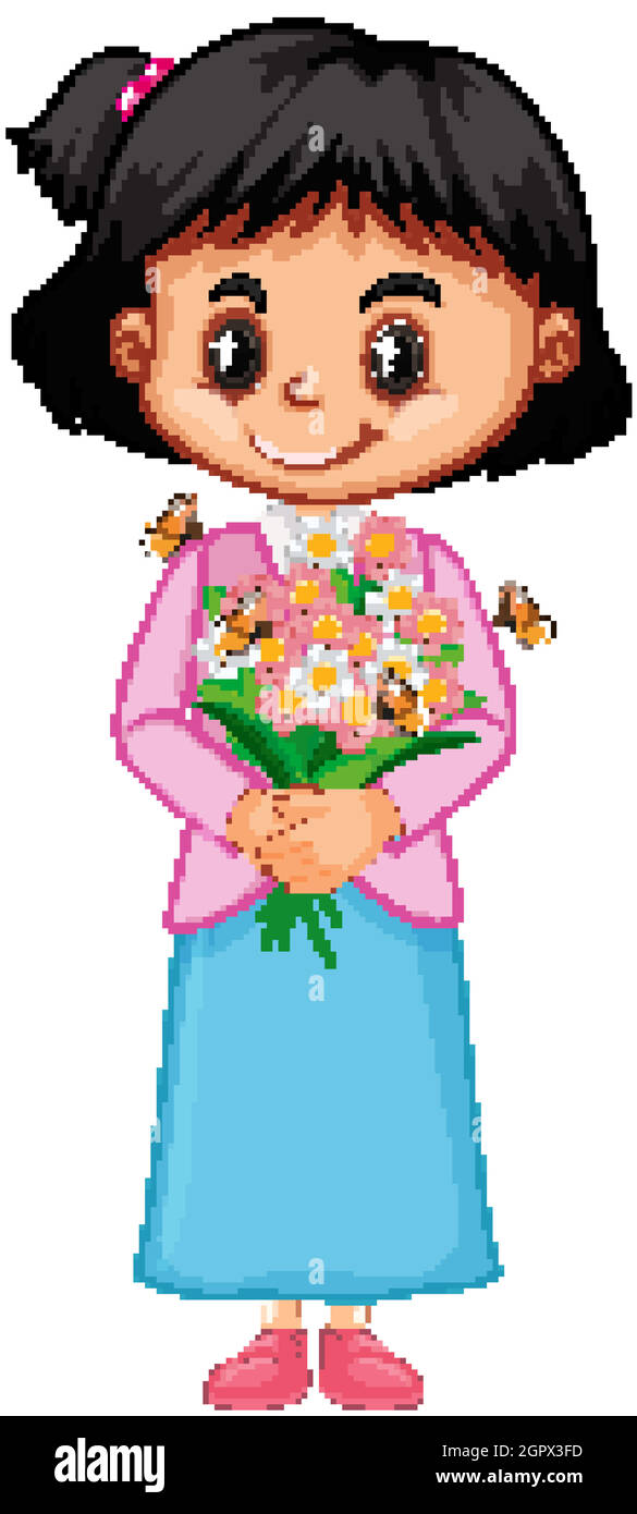 Cute girl with flowers and butterflies on white background Stock Vector ...