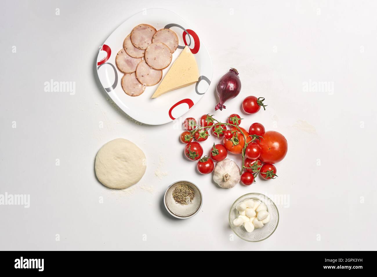 Top view of pizza ingredients isolated on white background Stock Photo ...