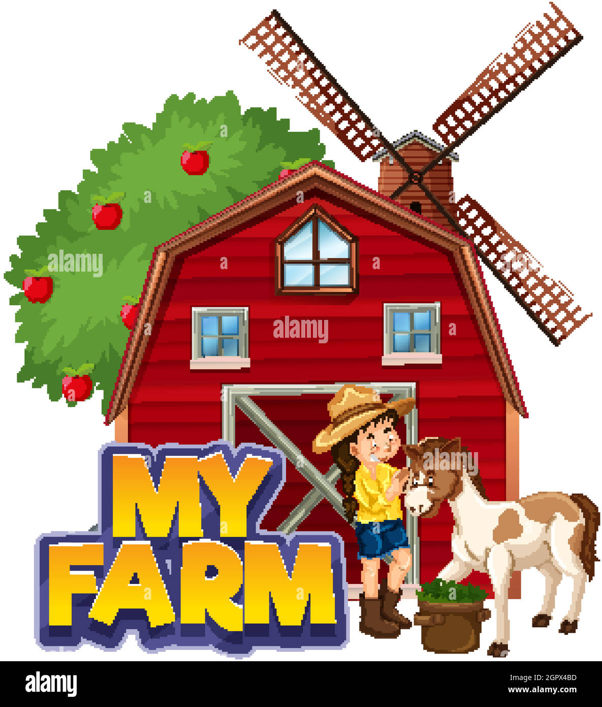 Font design for word my farm with red barn and farmer Stock Vector ...