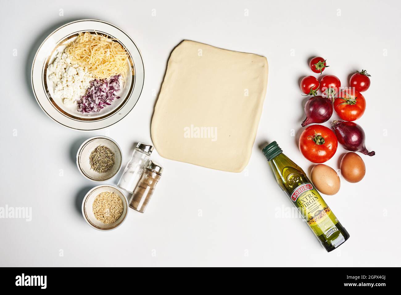 Top view of pizza ingredients isolated on white background Stock Photo ...