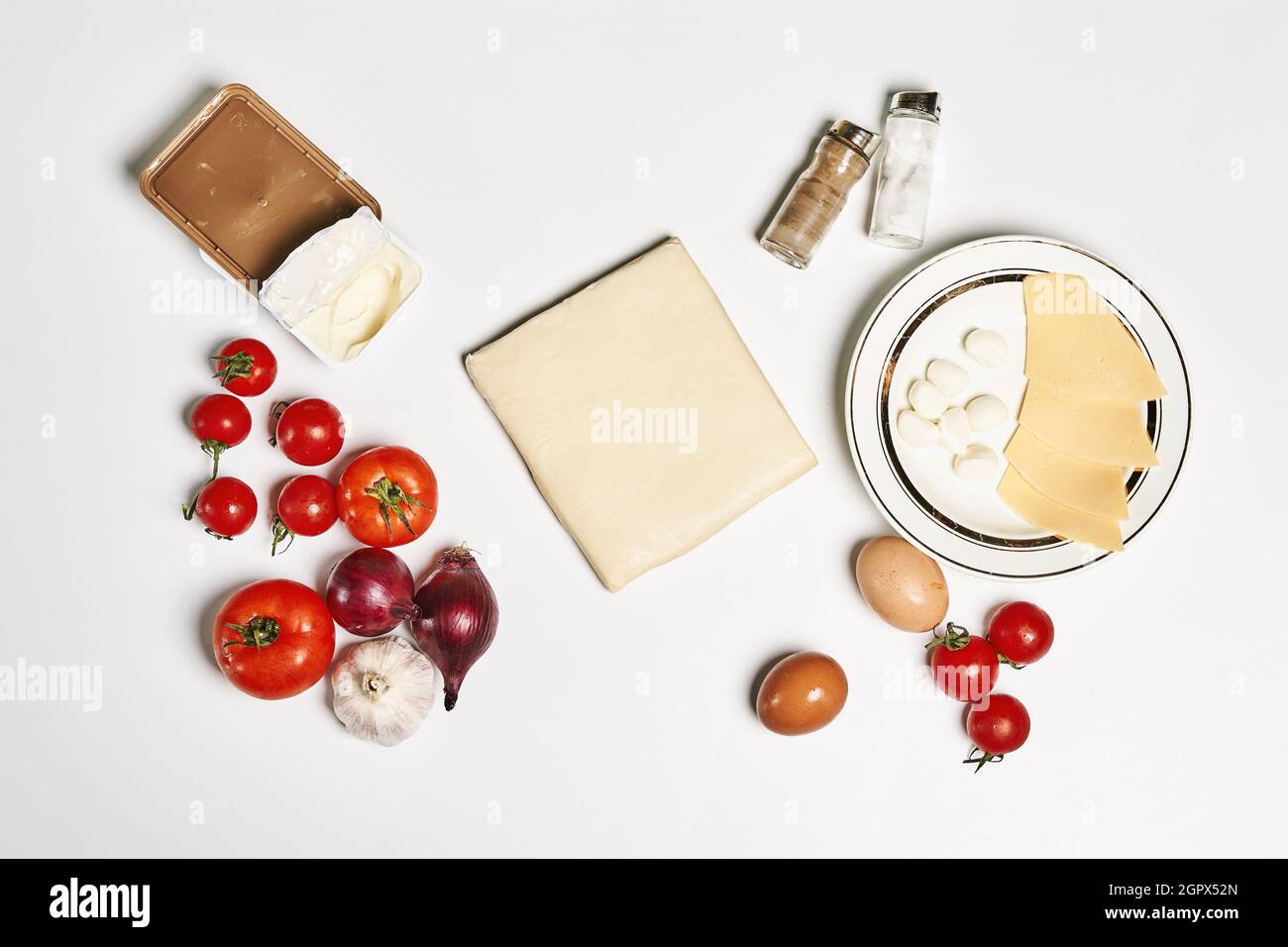 Top view of pizza ingredients isolated on white background Stock Photo ...