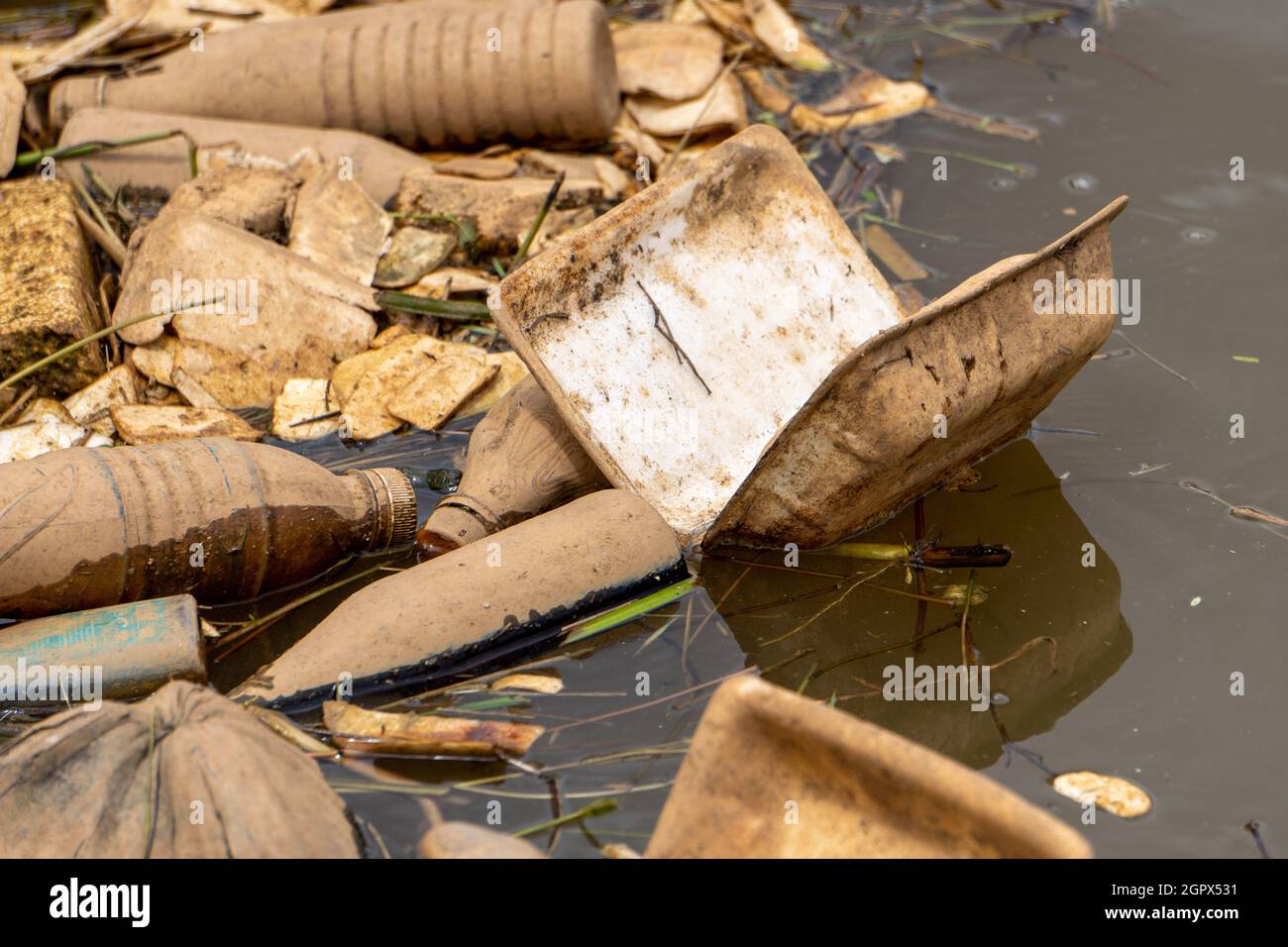 Closeup shot of the garbage in the water. Pollution of the environment ...