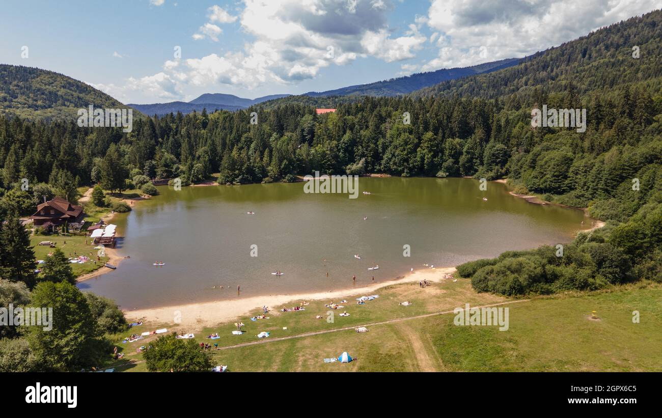 Aerial view of the Krpacovo reservoir in the village of Dolna Lehota in ...