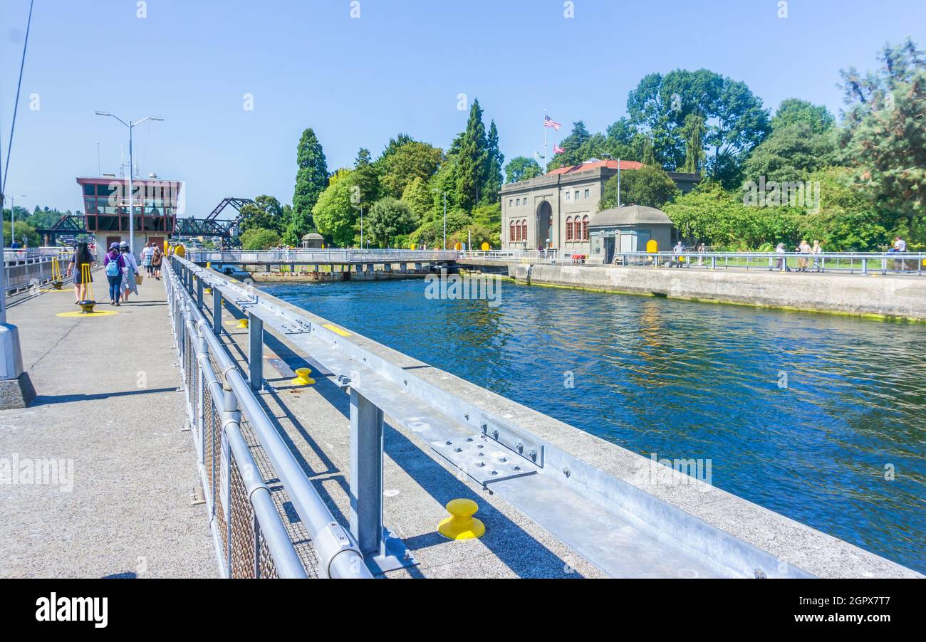 a scene at the Ballard Locks in Washington State Stock Photo - Alamy