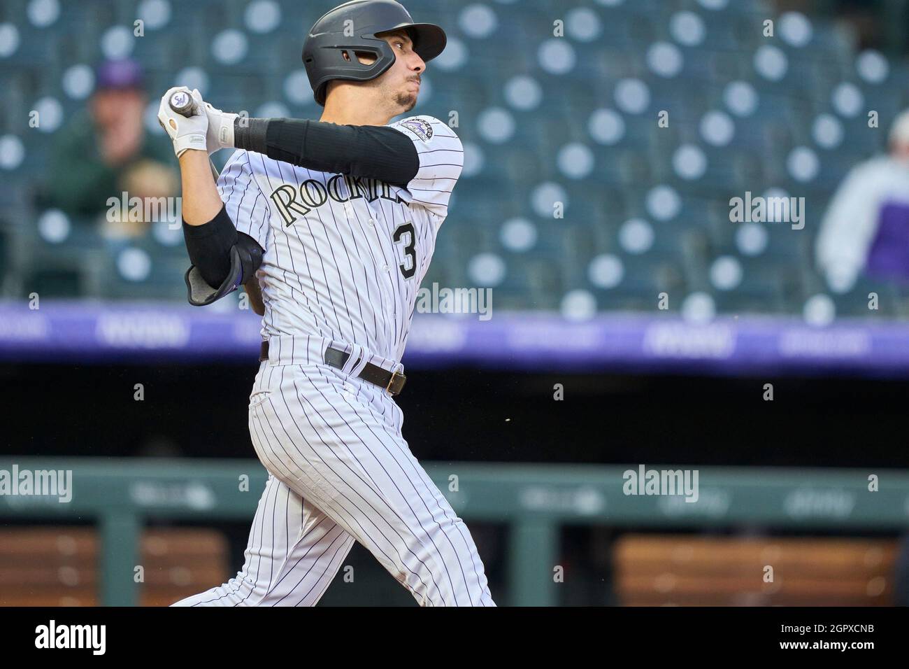 Denver CO, USA. 29th Sep, 2021. Colorado catcher Dom Nunez (3) gets a ...