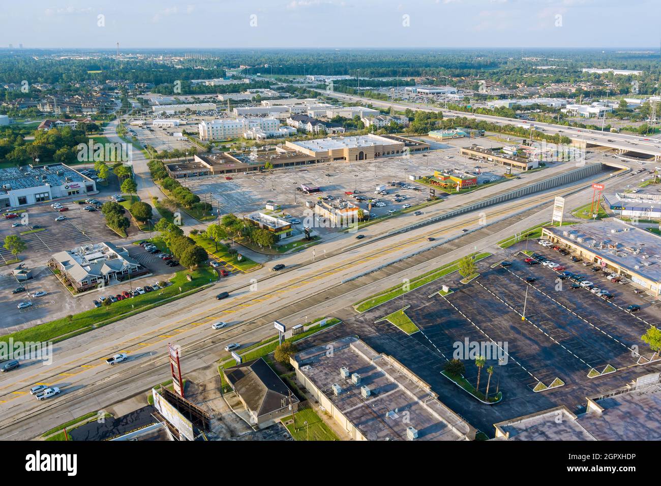 Top view over the traffic backed up during rush hour on 45 interstate ...