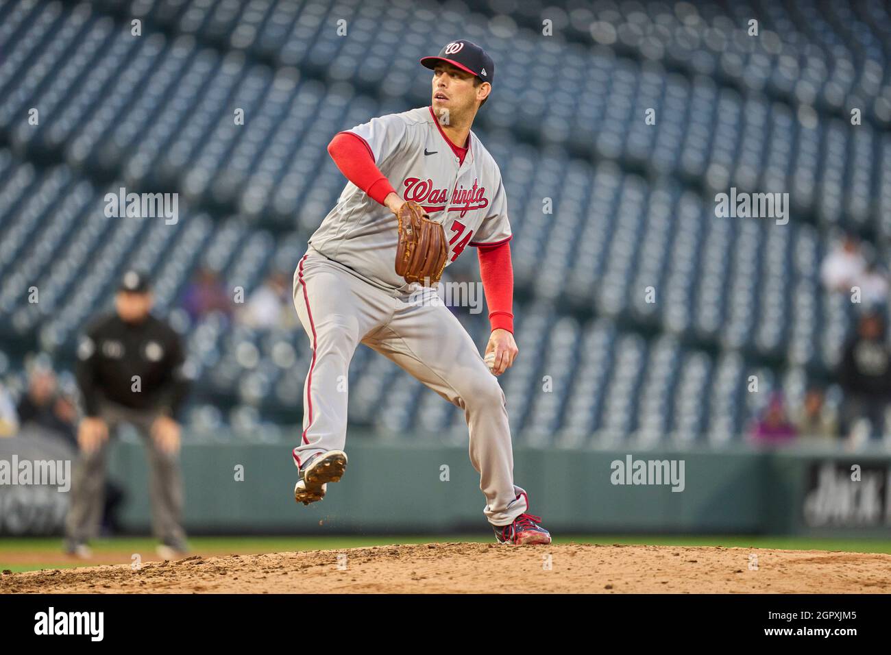 Denver CO, USA. 29th Sep, 2021. Washington pitcher Sean Nolin (74 ...