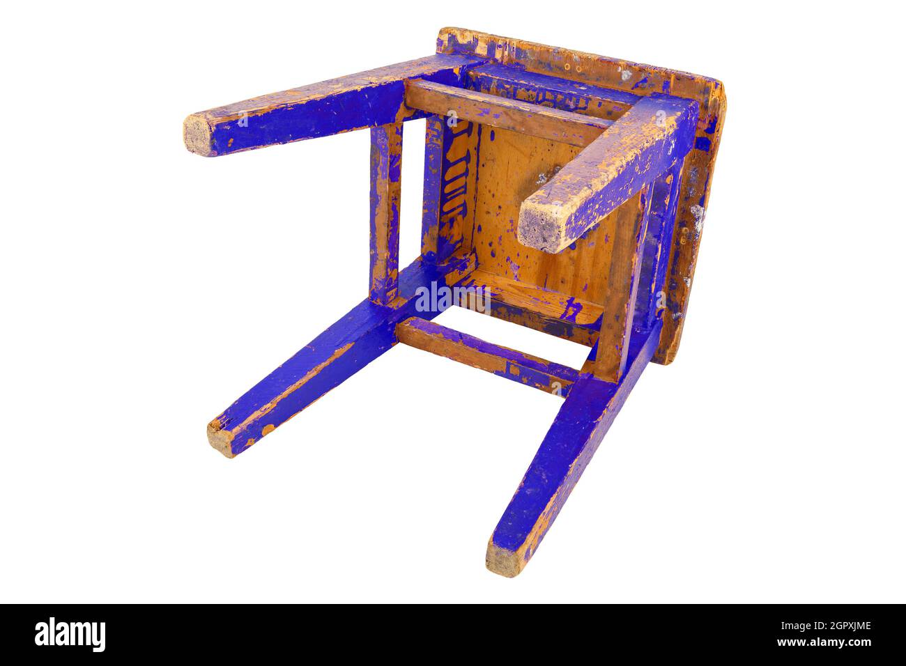 Old wooden stool with peeling blue paint. Loft style chair isolated on ...