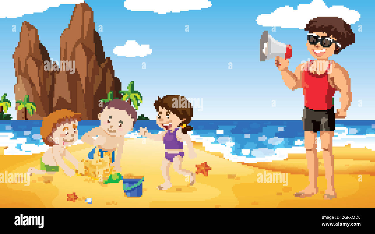 Ocean scene with many children and one lifeguard with speaker Stock ...