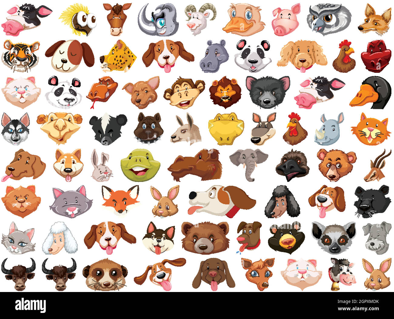 Set of different cute cartoon animals head huge isolated on white ...