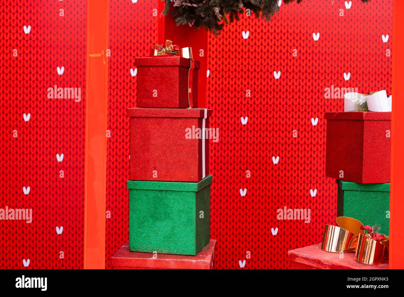 Big red gift box with beauty ribbon bow on red background Stock Photo ...