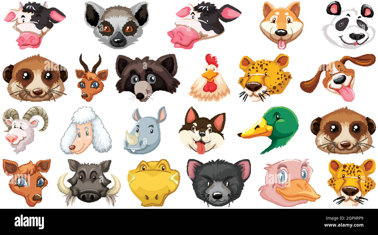Set of different cute cartoon animals head huge isolated on white ...