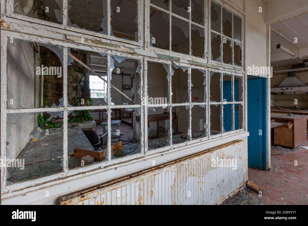 Smashed office windows in Lab building, Octel Bromine Works Stock Photo ...