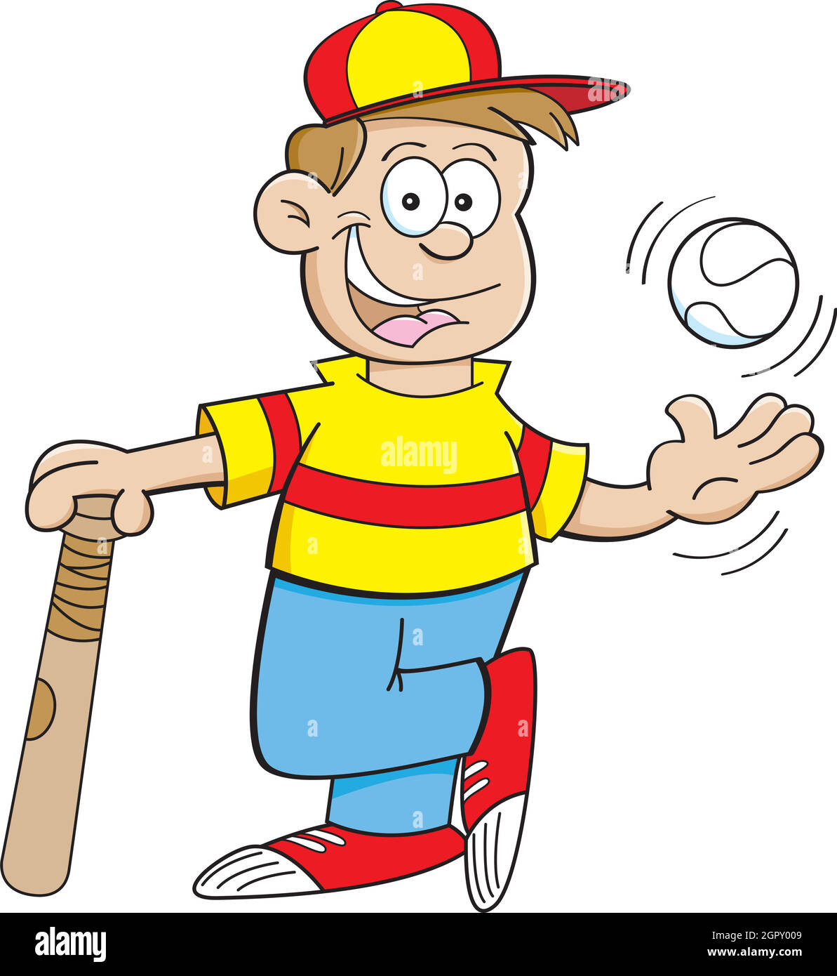 Cartoon illustration of a boy with a baseball and baseball bat Stock ...