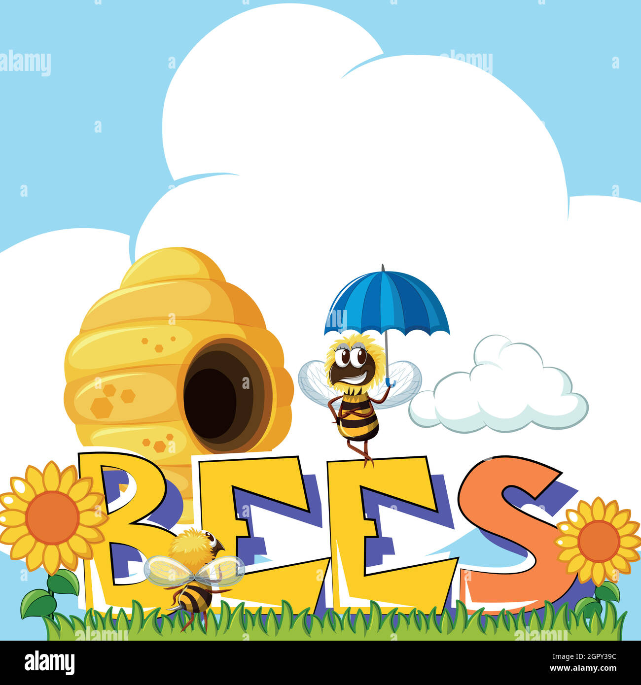 Word bees and bee flying around beehive in background Stock Vector ...