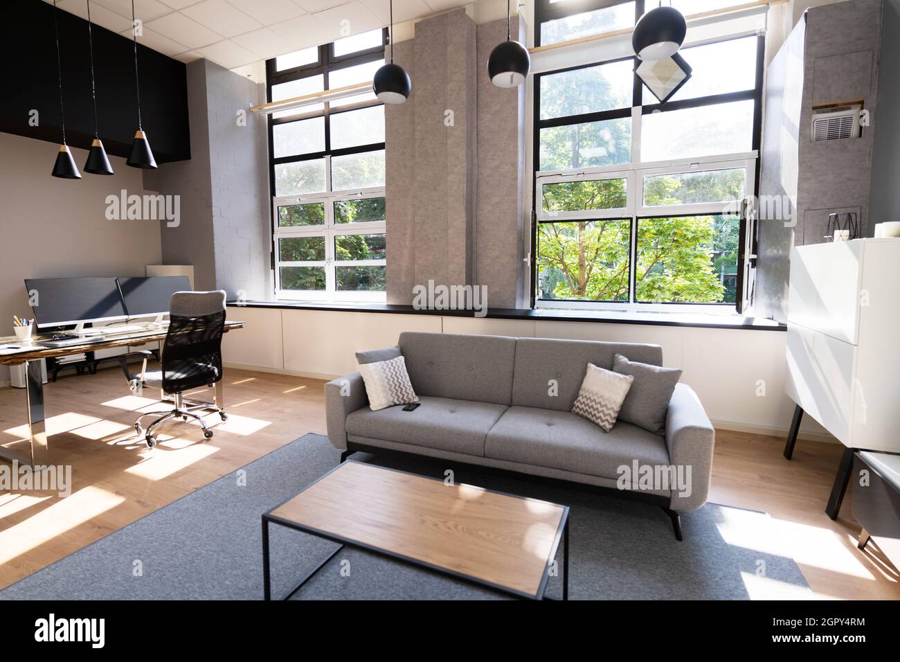 Work From Home Desk With Desktop Computer In Modern Home Stock Photo ...