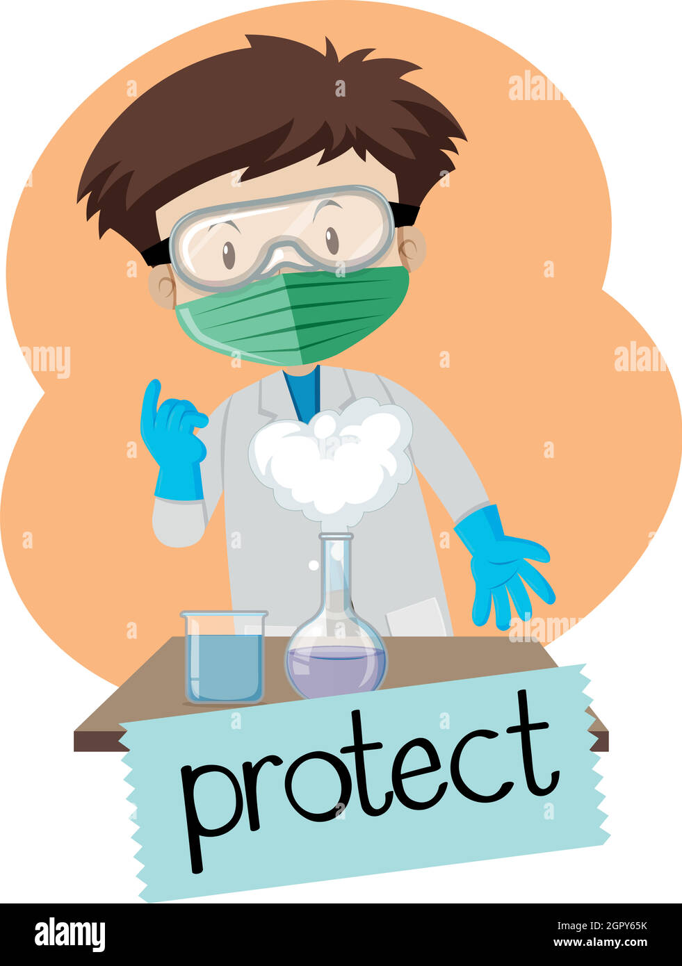 Wordcard for protect with boy wearing protection items in lab Stock ...