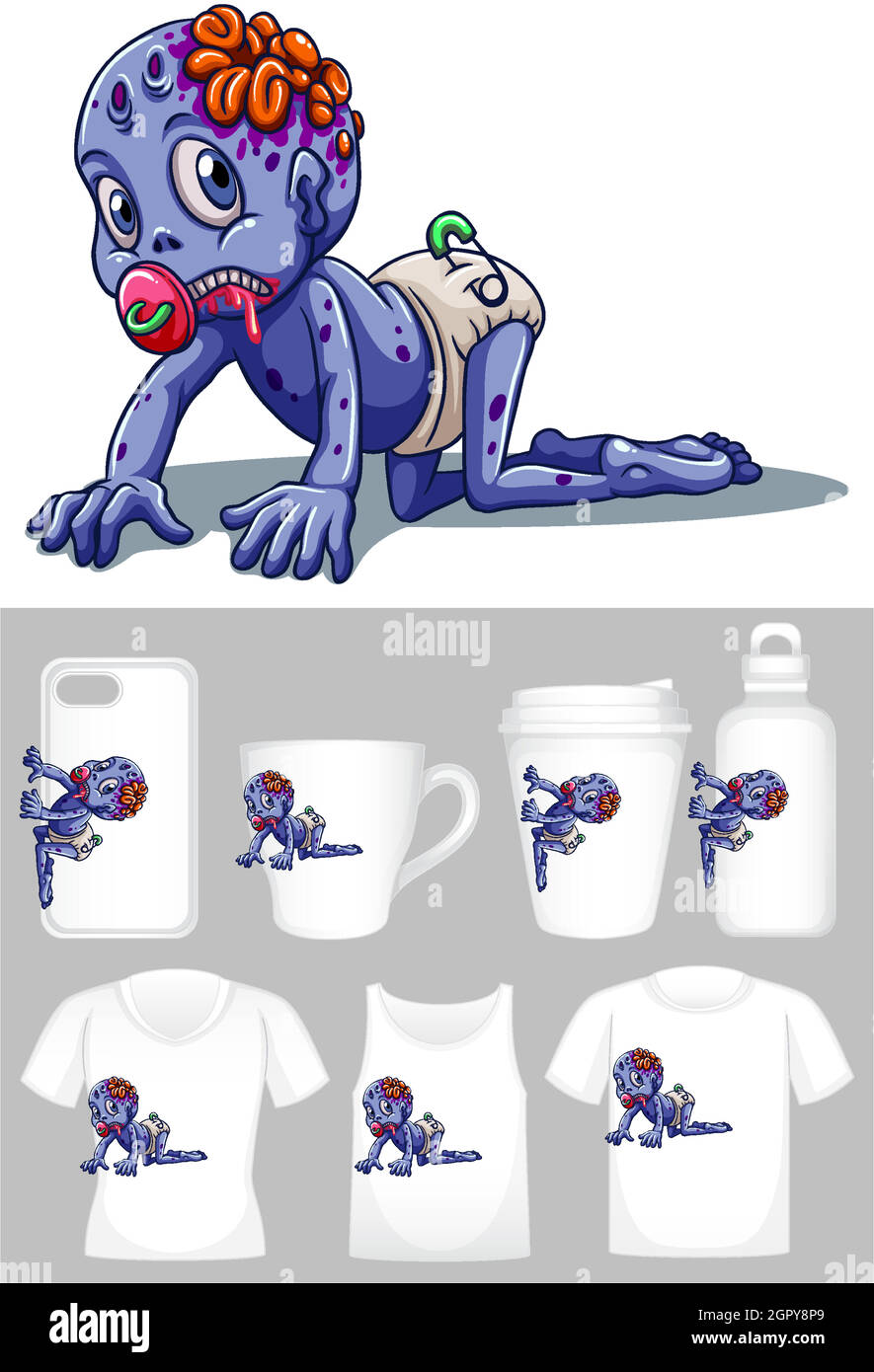 Graphic of baby zombie on different types of product template Stock ...