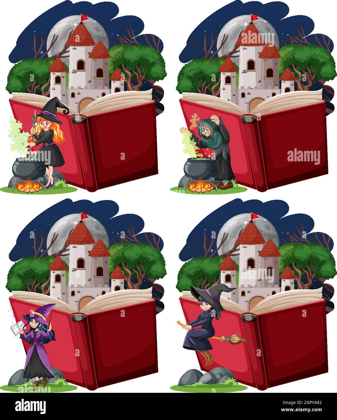 Set of witches and castle tower with pop up book cartoon style on white ...