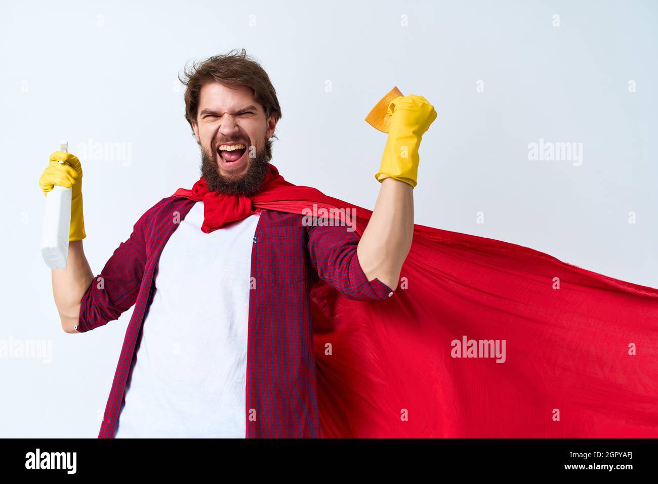 man in red cloak cleaning superheroes service cleanliness Stock Photo ...