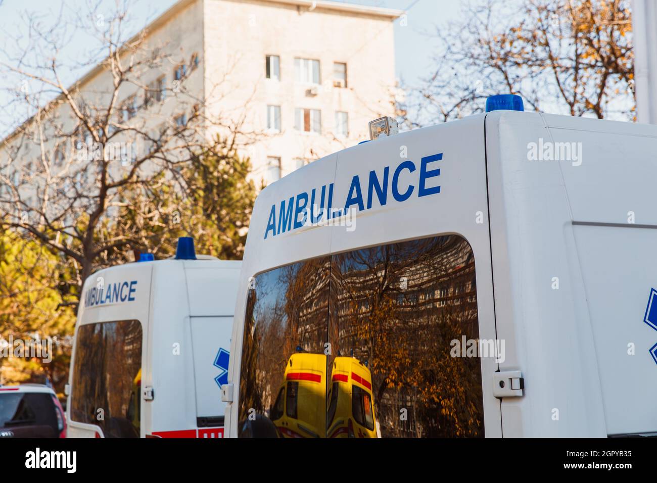 Zaporozhye,Ukraine- November 08 2019 :Modern ambulance. Rear view of a ...