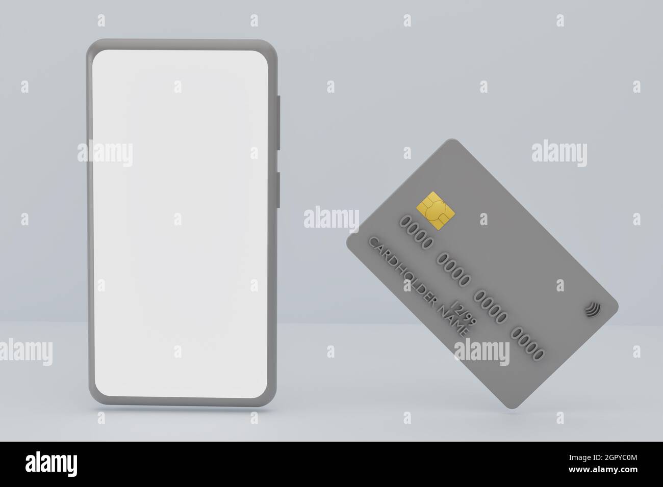 Smartphone with empty screen and credit card on gray background. 3D ...