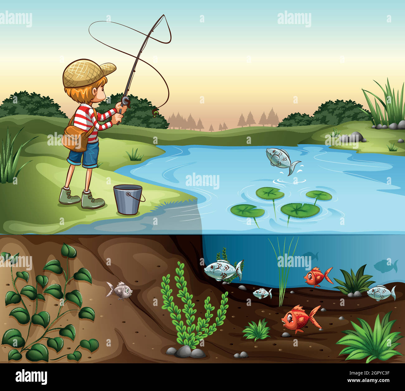 Boy on river bank Stock Vector Images - Alamy