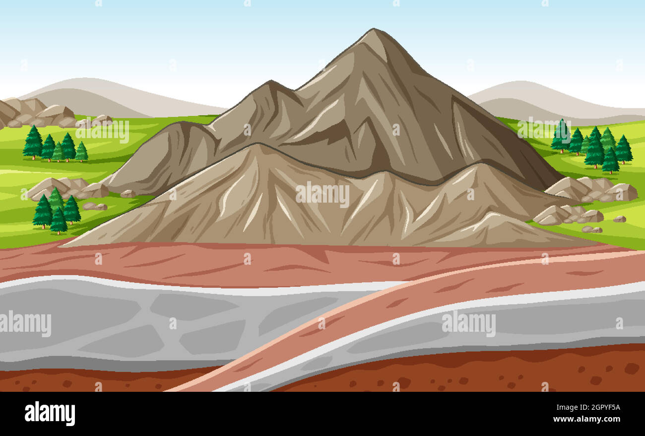 Background scene with big mountain and underground layers Stock Vector ...