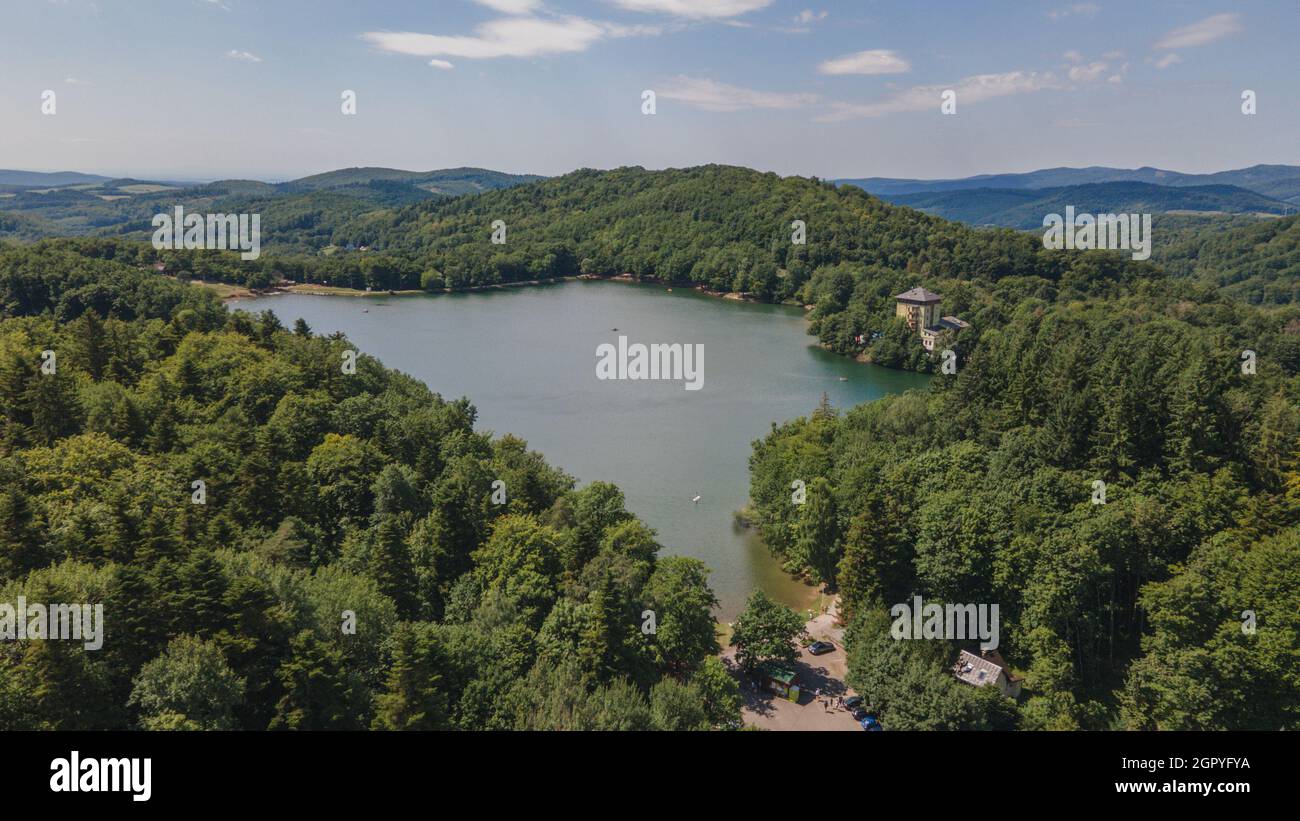 Aerial view of Lake Pocuvadlo in the locality of Banska Stiavnica in ...