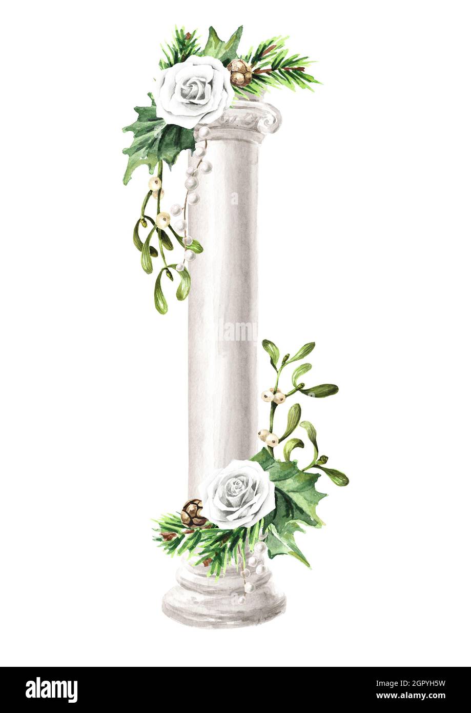 Winter wedding decor, Bouquet onf the column. Hand drawn watercolor ...