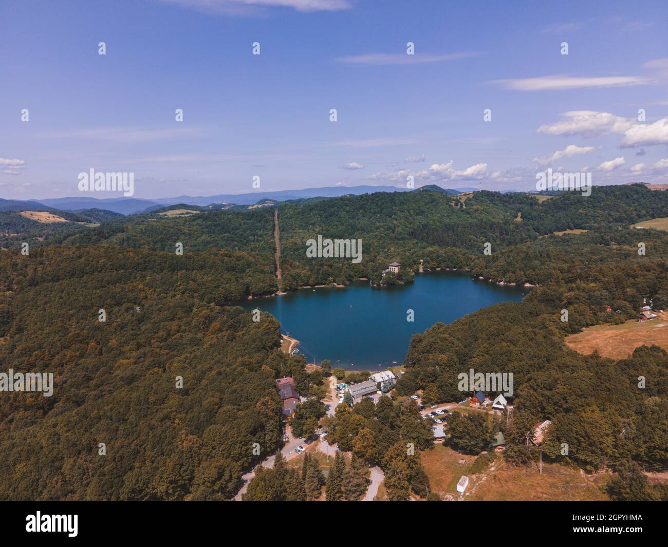 Aerial view of Lake Pocuvadlo in the locality of Banska Stiavnica in ...