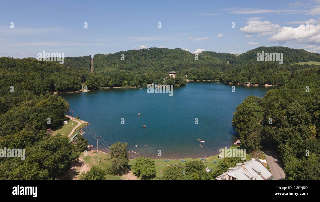 Aerial view of Lake Pocuvadlo in the locality of Banska Stiavnica in ...