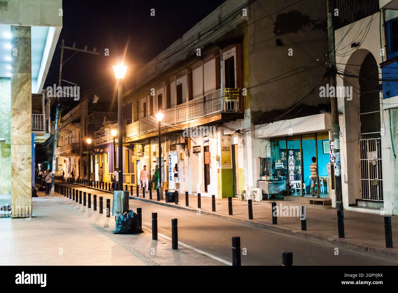SANTA MARTA, COLOMBIA - AUGUST 25, 2015: View of a night street in the ...