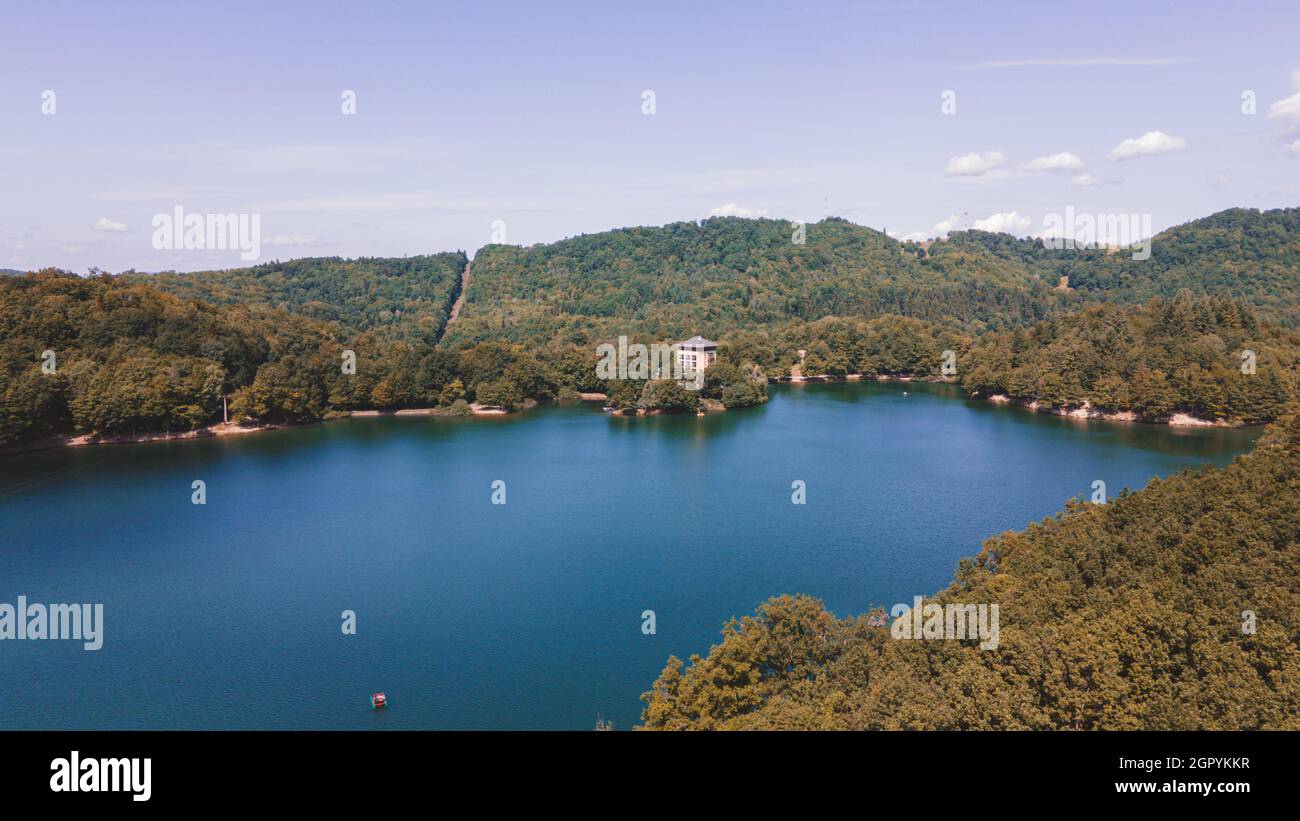 Aerial view of Lake Pocuvadlo in the locality of Banska Stiavnica in ...