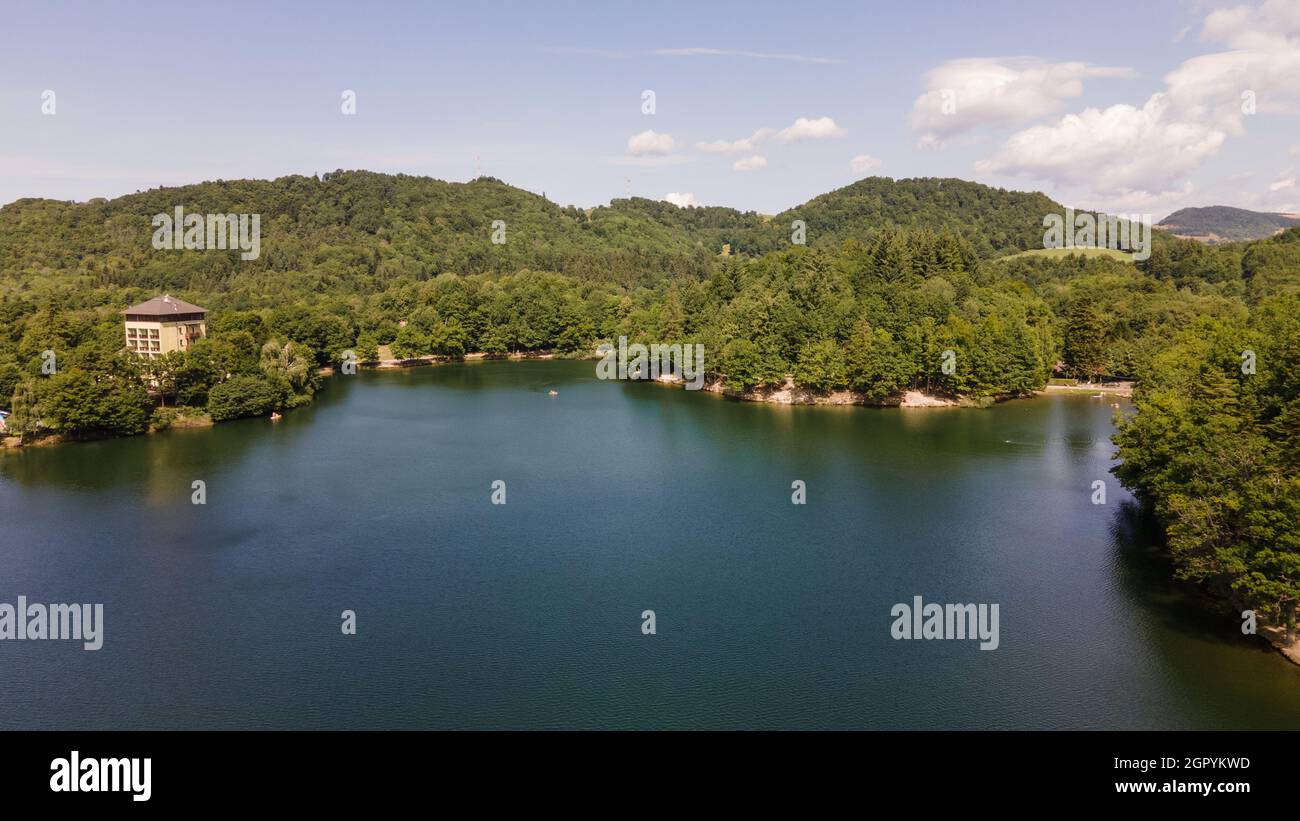 Aerial view of Lake Pocuvadlo in the locality of Banska Stiavnica in ...