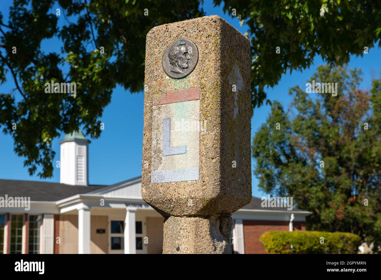 Original Lincoln Highway road marker on a beautiful Autumn afternoon ...
