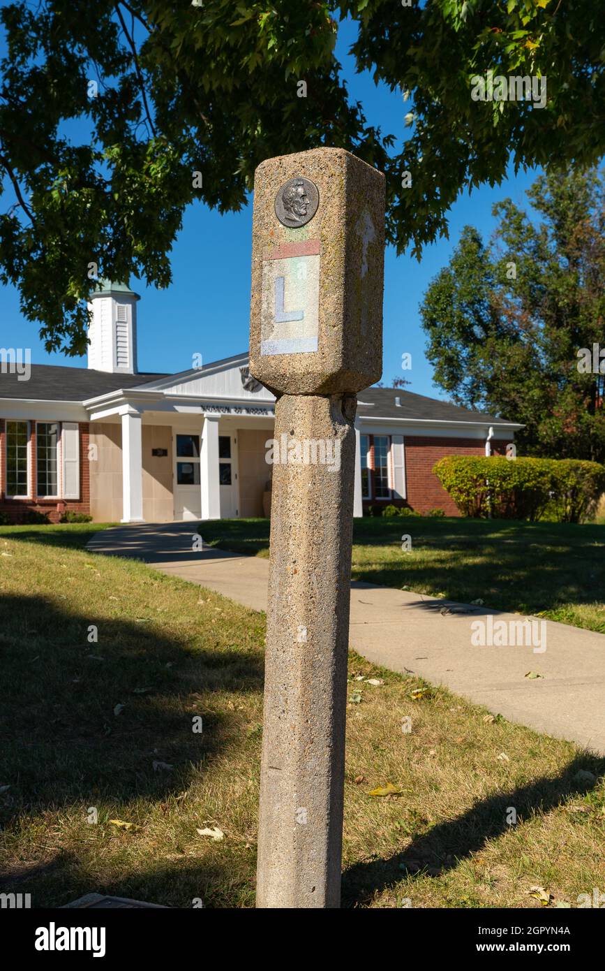 Original Lincoln Highway road marker on a beautiful Autumn afternoon ...