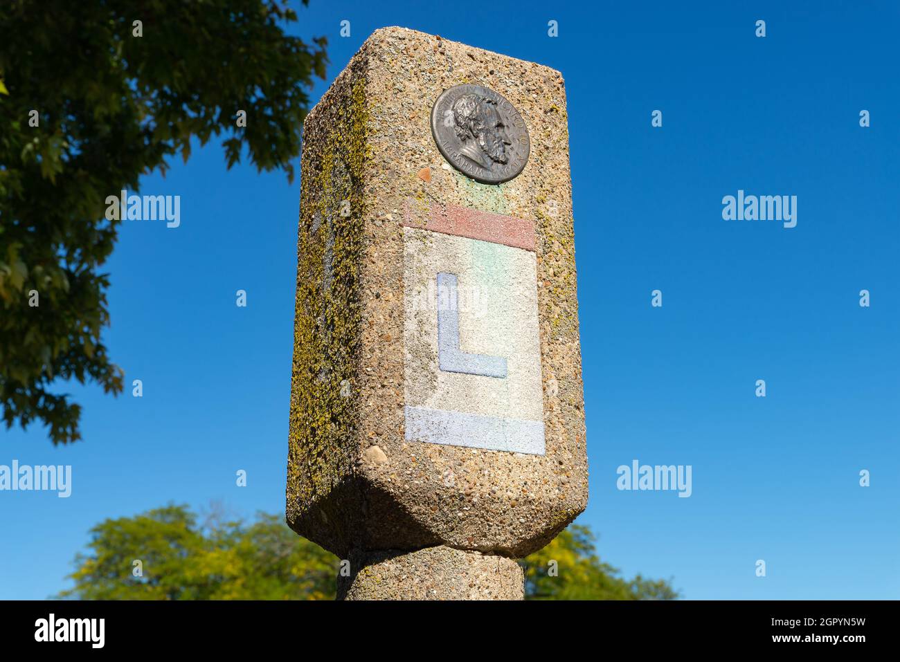 Original Lincoln Highway road marker on a beautiful Autumn afternoon ...