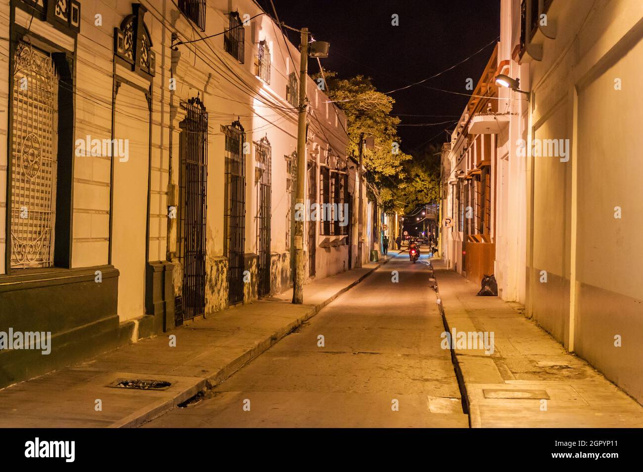 View of a night street in the center of Santa Marta, Colombia Stock ...