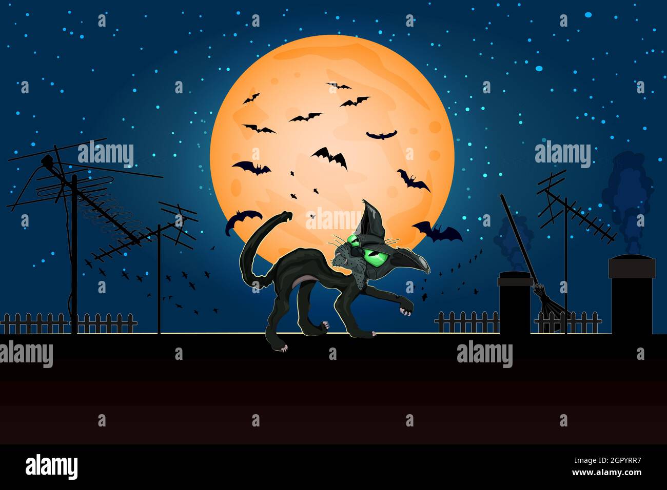 Halloween angry cat on roof in full moon.Spooky black cat silhouette on ...