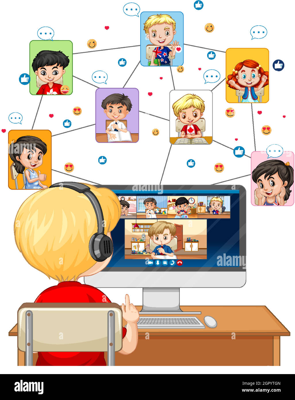 Back view of boy looking at computer for video conference on white ...