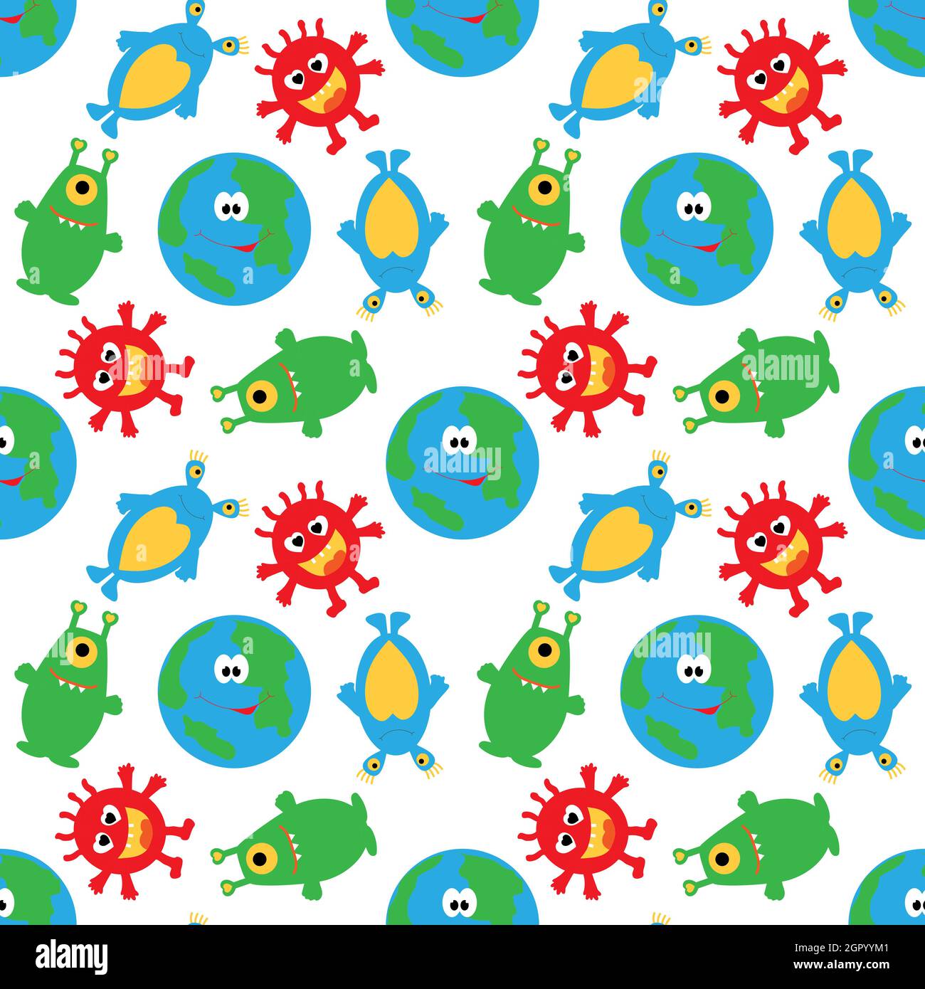 Small planet and funny multicolored aliens on a white seamless ...