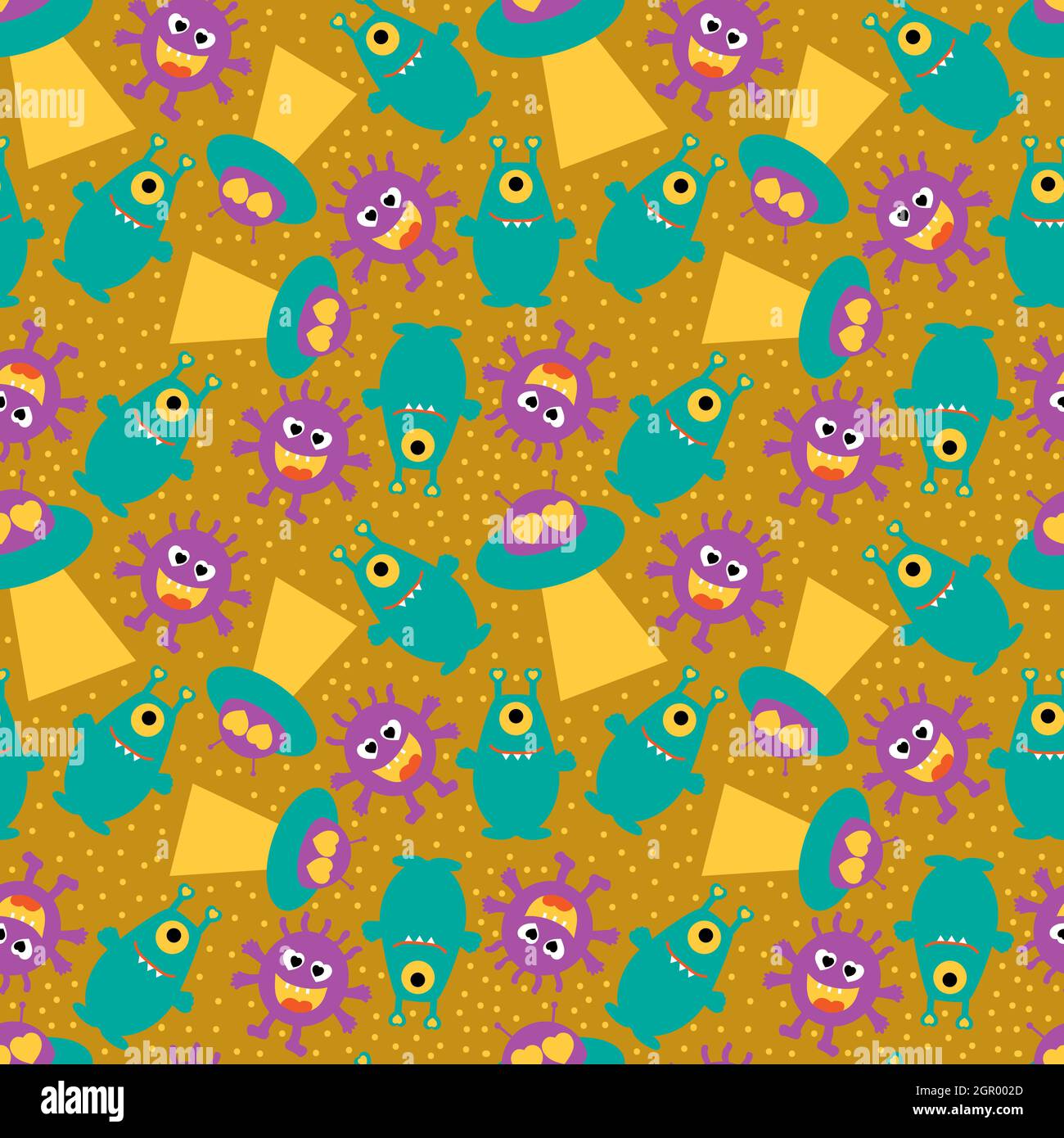 Funny aliens with a flying saucer on a brown background seamless ...