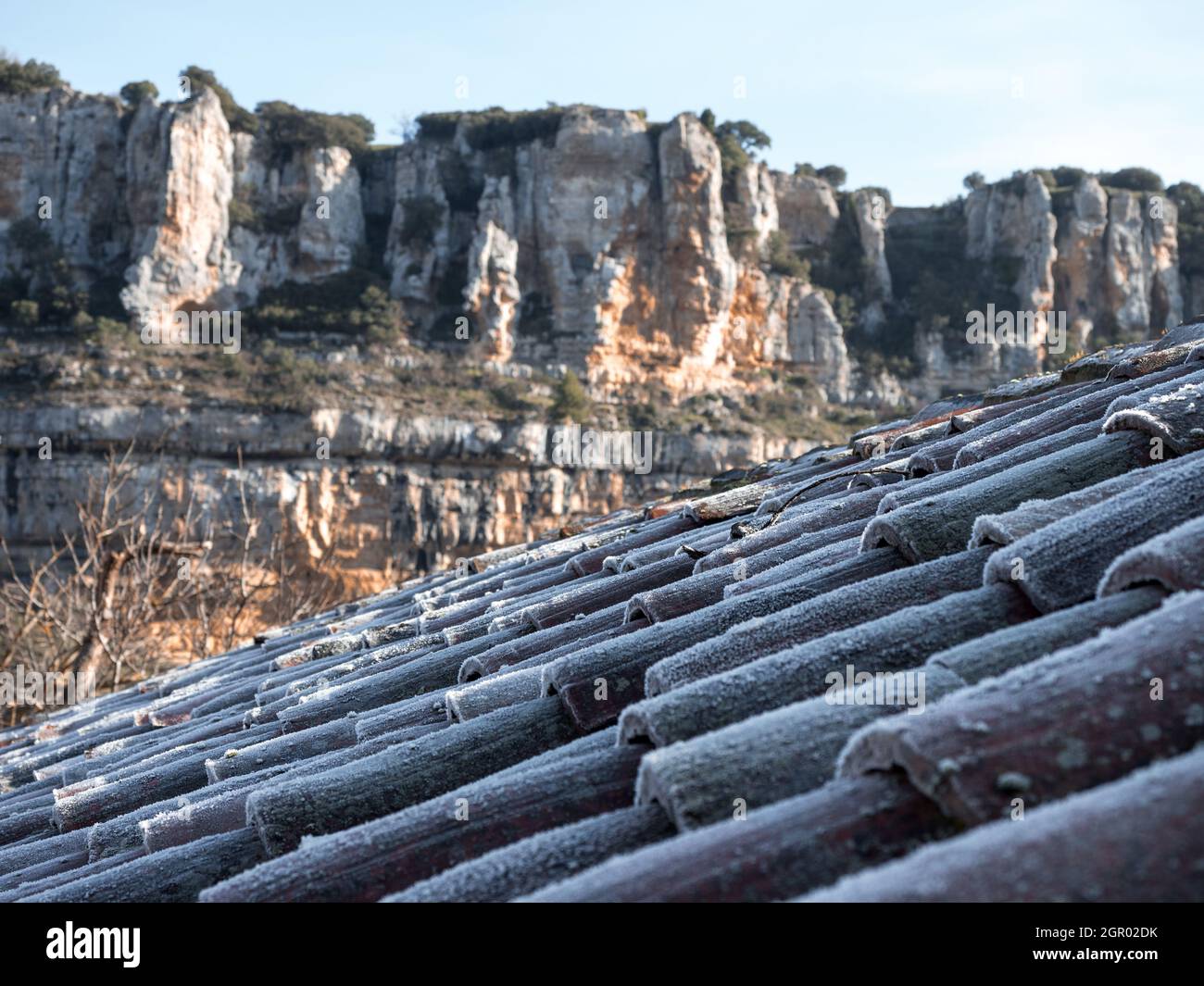 Icy roof of a cabin in Orbaneja del Castillo in Burgos Spain Stock ...