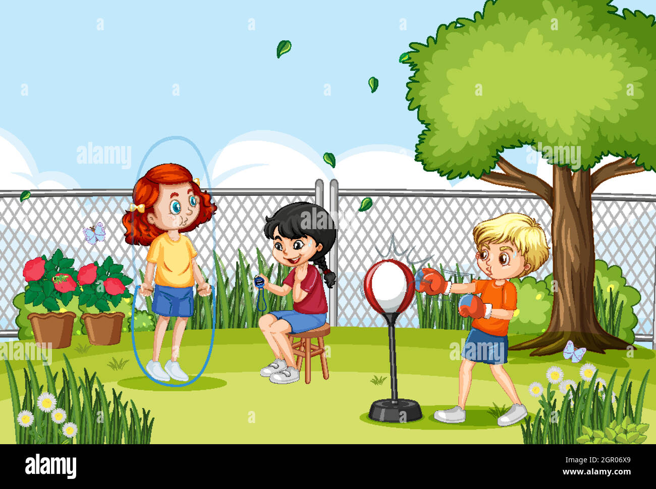 Outdoor scene with many children doing different activities Stock ...